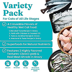 Solid Gold Wet Cat Food Variety Pack - Pate & Shreds in Gravy Recipes - Made with Real Chicken, Tuna & Mackerel for Sensitive Stomach & Immune Health - Canned, 12 Pack