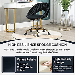 NIOIIKIT Swivel Velvet Home Office Chair, Upholstered Desk Chair, Modern Accent Armchair, Tufted Computer Task Stools with Gold Base for Girls, Women, Study, Living Room (Black)