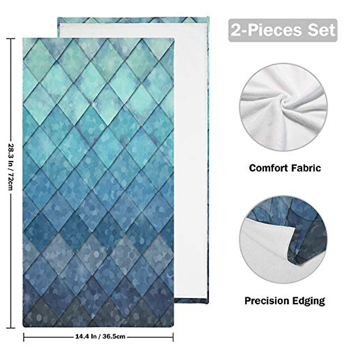 ZOEO Mermaid Face Towel Set of 2, Ocean Blue Teal Mermaid Fish Scales Geometric Rhombus Hand Towel Dish Towels Cotton Bath Decor Set for Kids 30x15 inch Gym Yoga Towels for Mothers Day