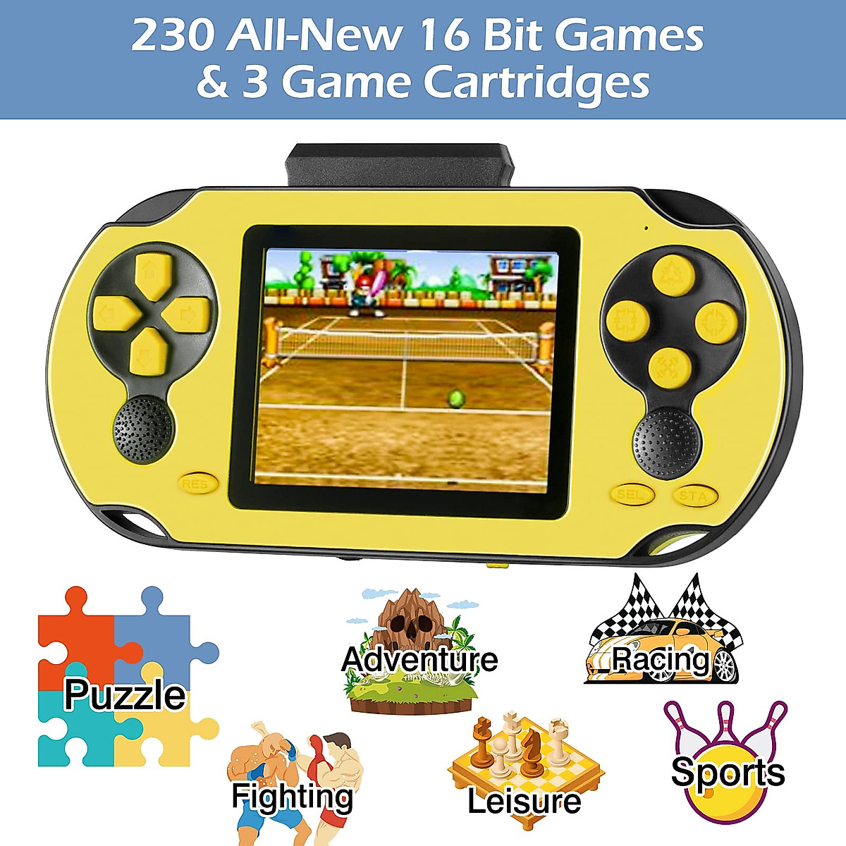 TaddToy 16 Bit Handheld Game for Kids Adults, 3.0'' Large Screen Preloaded 230 HD Classic Retro Video Games with USB Rechargeable Battery & 3 Game Cartridges for Birthday Gift for Kids 4-12 (Yellow)