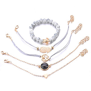 VONRU Beaded Bracelets for Women - Adjustable Charm Pendent Stack Bracelets For Women Friendship Gift Rose Quartz Bracelet Links with Pearl Gold Plated 5pcs/Set
