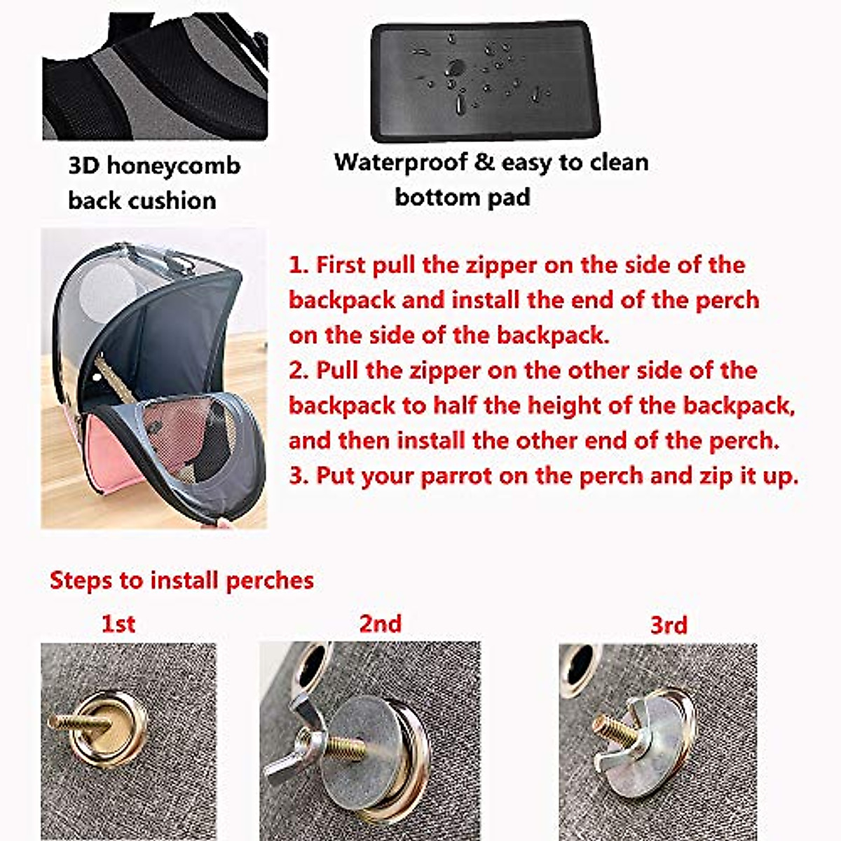 Bird Parrot Backpack Carrier Travel Bag with Perch Stand for Parakeets Cockatiels Conures Finches Lovebirds Small Medium Birds Cage Outside Airlines Airplane Plane Approved Car Lightweight Transparent