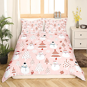 Christmas Kids Bedding Set Cartoon Snowman Bedding Duvet Cover Set for Boys Girls Christmas Tree Decor Comforter Cover Set Pink Dots Xmas Theme Bedspread Cover Bedroom Quilt Cover 3Pcs Queen Size