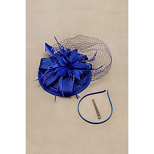 BABEYOND Fascinator Hat Veil Feather Fascinator Tea Party Kentucky Pillbox Derby Hat Bridal Wedding Party Royal Blue