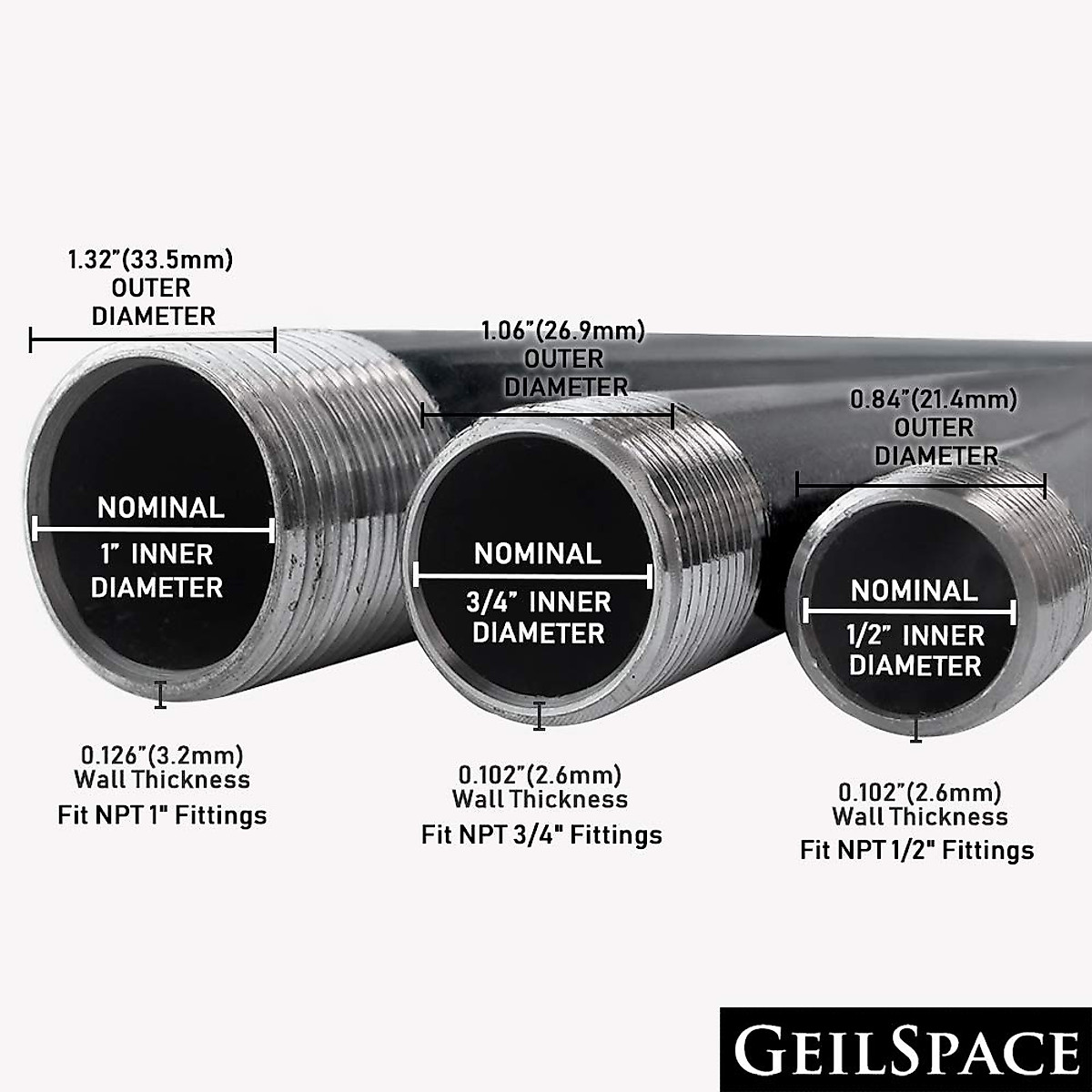GeilSpace 6 Pack 1/2" × 18" Heavy Duty Pre-Cut Grey Metal Pipe, Industrial Steel Fits Standard Half Inch Threaded Pipes and Fittings - Vintage DIY Industrial Shelving (1/2" × 18", Grey)