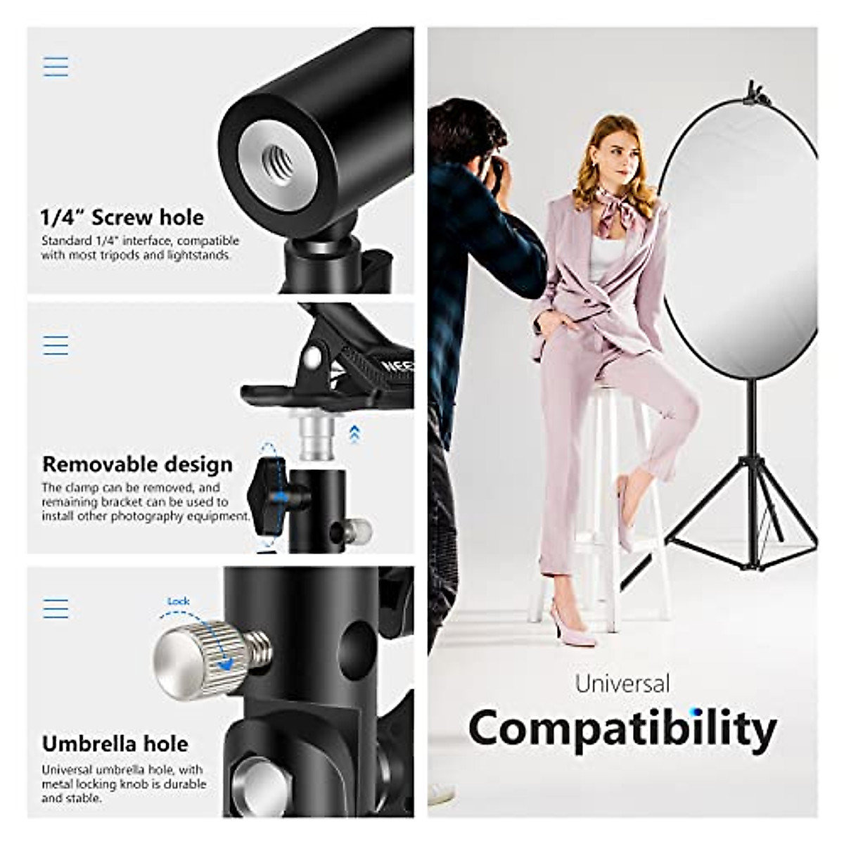Neewer 2 PCS Photo Studio Heavy Duty Metal Clamp Holder with 5/8" Light Stand Attachment for Reflector