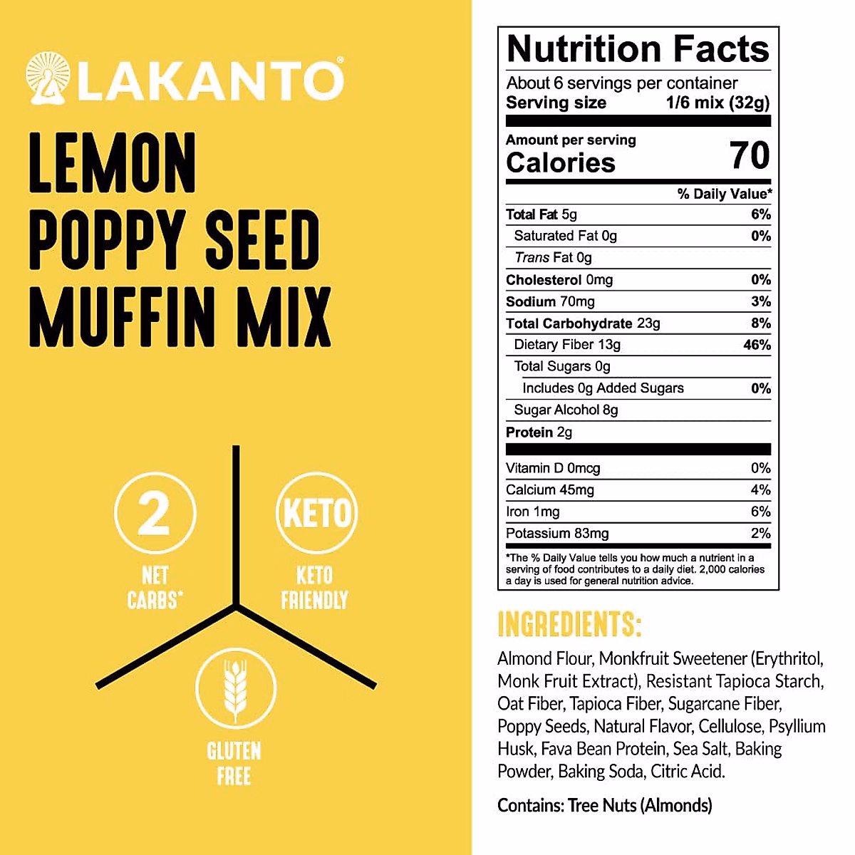 Lakanto Sugar Free Lemon Poppy Seed Muffin Mix - Sweetened with Monk Fruit Sweetener, 2g Net Carbs, Dairy Free, Keto Diet Friendly, Gluten Free, Natural Flavors, Almond Flour, Sea Salt (6.77 OZ)