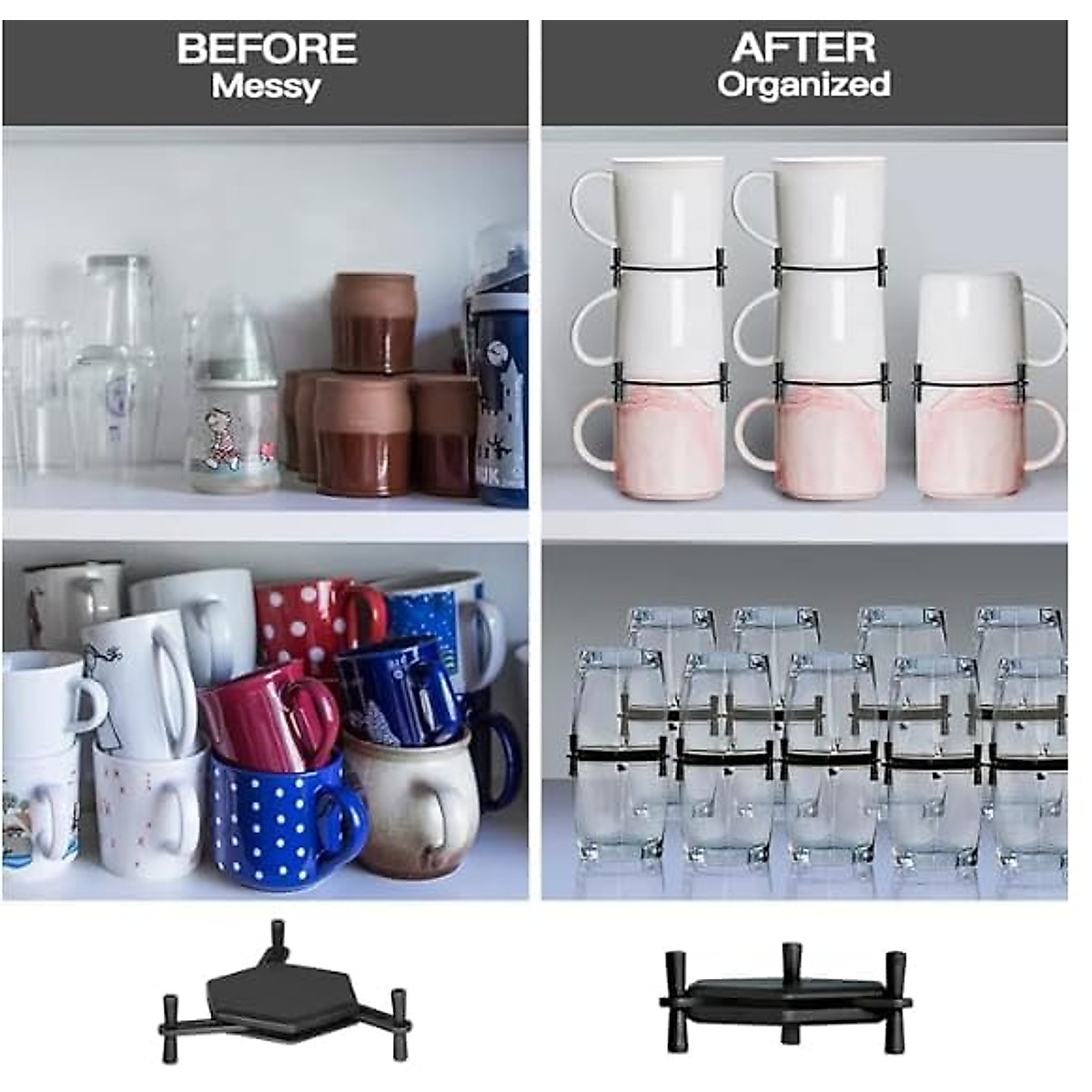 Coffee Mug Organizers and Storage, Kitchen Cabinet Shelf Organizer - Cupboard and Pantry Organization, Expandable Stackable Gadget for Tea Cup and Coffee Mugs, Save Space, Organize(black)