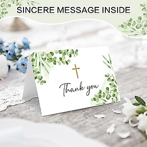 BYBOUS 25 Pack Thank You Cards with Envelope & Stickers, 4 * 6in Watercolor Greenery Cross Blank Inside Thank You Card for Bulk Baptism, Wedding, Bridal Shower, Baby Shower, Communion, Funeral