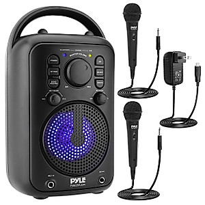 Pyle 4” Wireless BT Streaming Speaker - Portable Audio Speaker, with Two Microphones and Stand to Put Mobile Phone, 5.0 Bluetooth, Big Bass & Clear Sound, MP3, Classic Karaoke SystemP