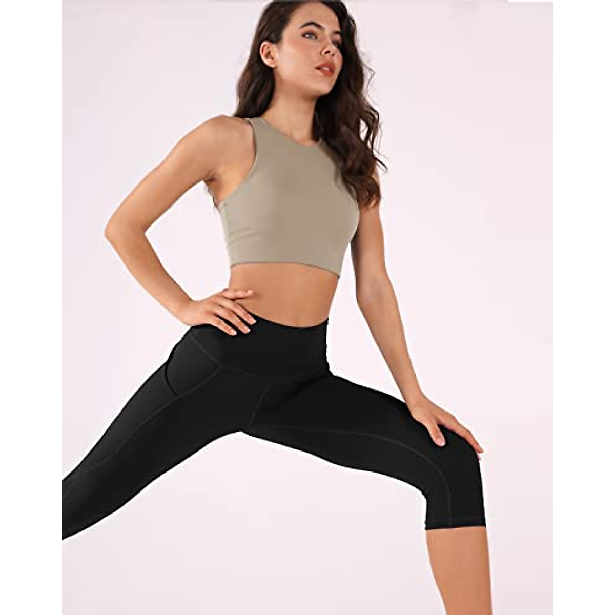 ODODOS Women's High Waisted Yoga Capris with Pockets,Tummy Control Non See Through Workout Sports Running Capri Leggings, Black,Medium