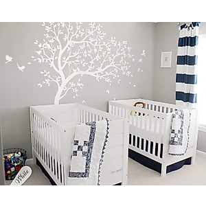 Large Tree Wall Decals Nursery Tree Stickers with Birds Stunning Tree Wall Art Mural Vinyl Wall Decor KW032 (Leaning Right, White)