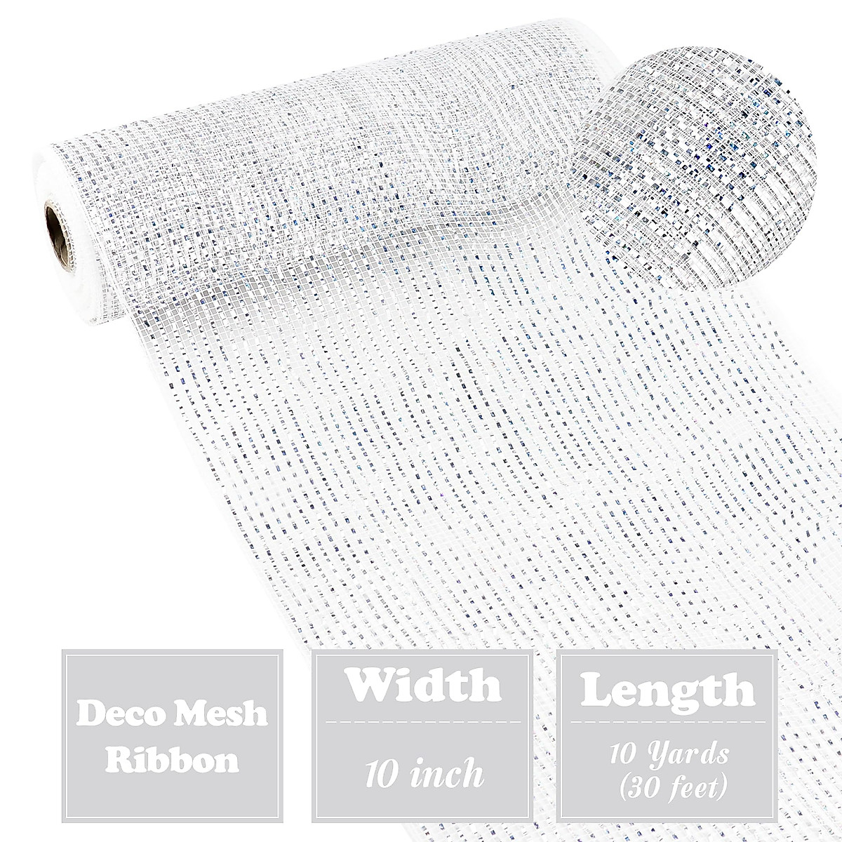 HUIHUANG Silver Deco Mesh 10 inch Deluxe Wide White Laser Silver Mesh Ribbon for Christmas, Wreaths Making Supplies, Christmas Tree, Swags, Garland and Bows -10 Yards