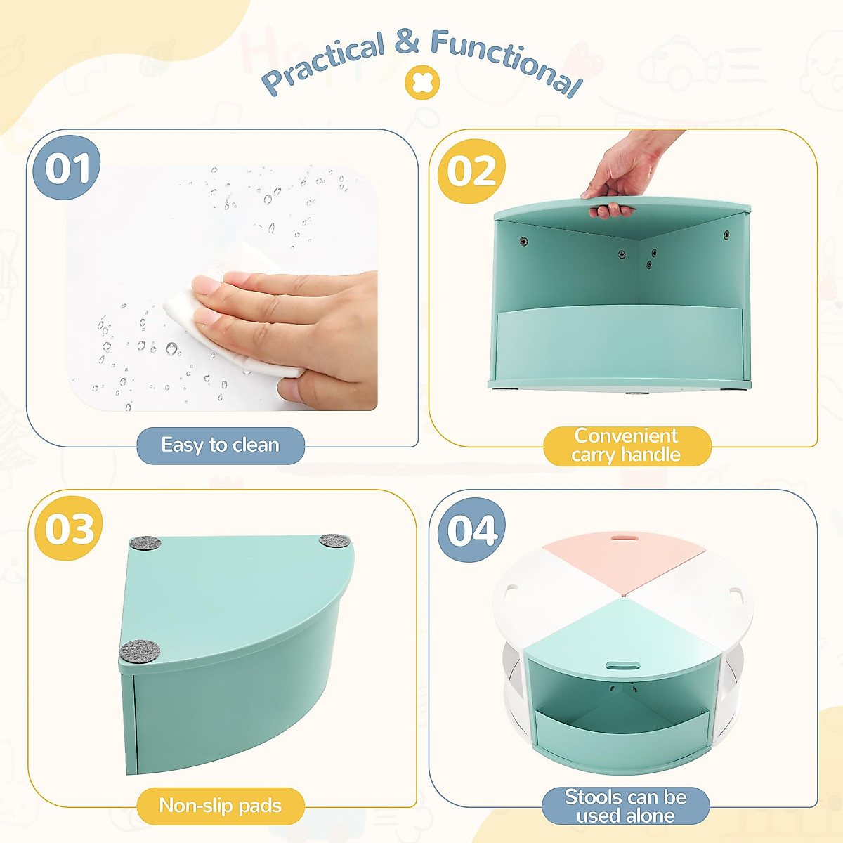 Curipeer Toddler Table and Chair Set with 4 Storage Stools, Flower Shaped Nesting Design Table with Built-in Pen Holder, Kids Table for Activity/Play/Art/Read/Craft, Pink & Mint Green