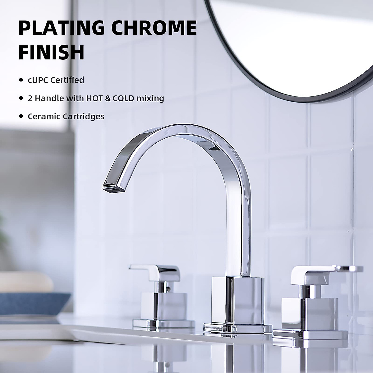 DIKUROOMS 2-Handle 8 inch Widespread Brass Bathroom Vanity Sink Faucet with cUPC Water Supply Lines,Swivel Waterfall Spout, Basin Sink Mixer Tap with Overflow Pop Up Drain Included,Chrome