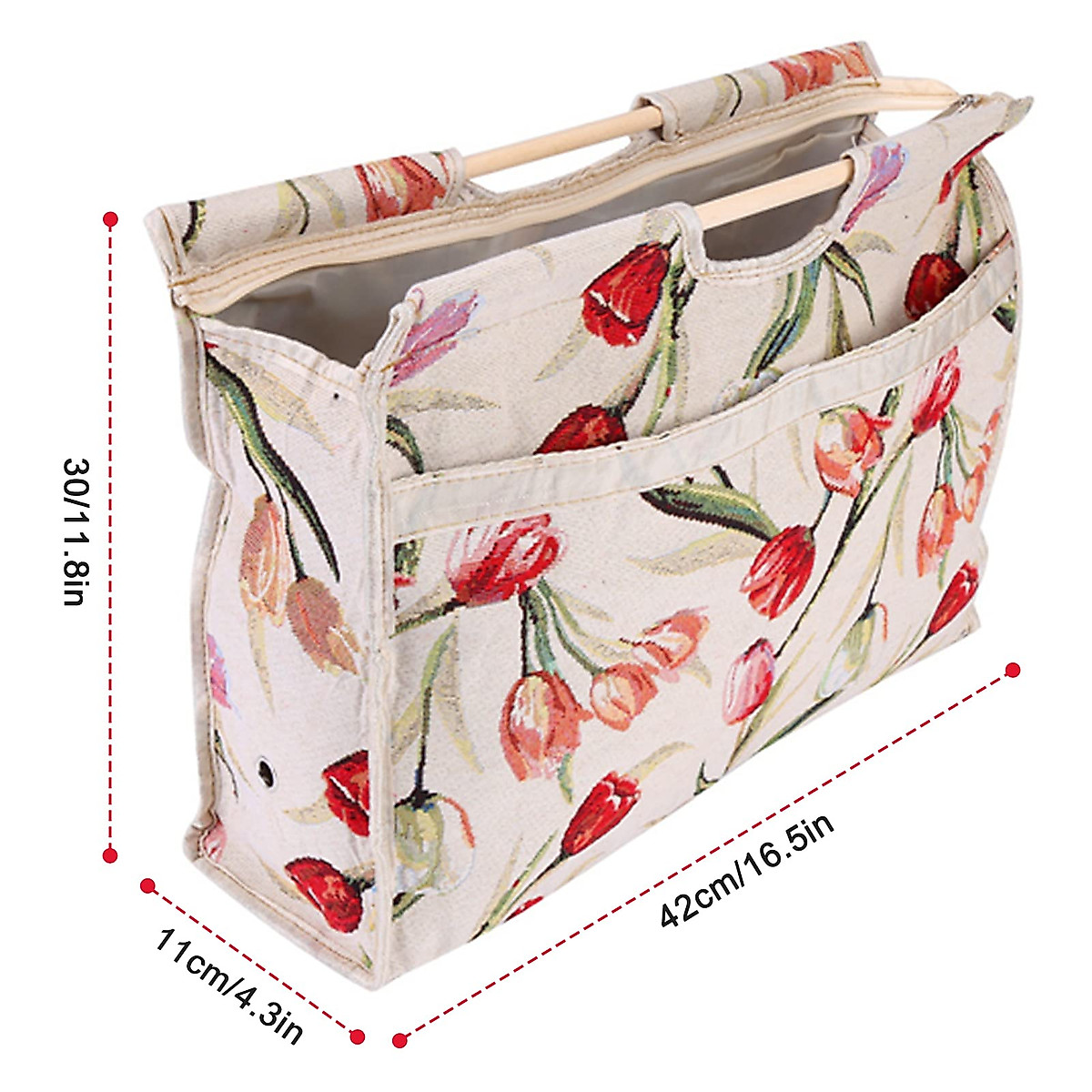 Knitting Tote Bag,Exquisite Practical Wood Handle Woven Fabric Storage Bag for Knitting Needles Sewing Tools(Red Flower)