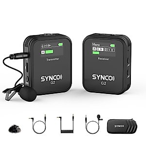SYNCO Wireless Lavalier Microphone, G2(A1) 2.4G Lavalier 1 Transmitter & 1 Receiver Lapel Mic for Vlog Streaming YouTube for DSLR Camera Smartphone Tablet, Wireless-Lav-Mics-for-Camera