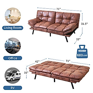MUUEGM 71" Sofa Bed with Memory Foam,Futon Sofa Bed with Adjust Backrest and Armrest, Couches for Living Room,Studios, Apartments, Dormitories, Offices and Game rooms. Brown Leather Sofa