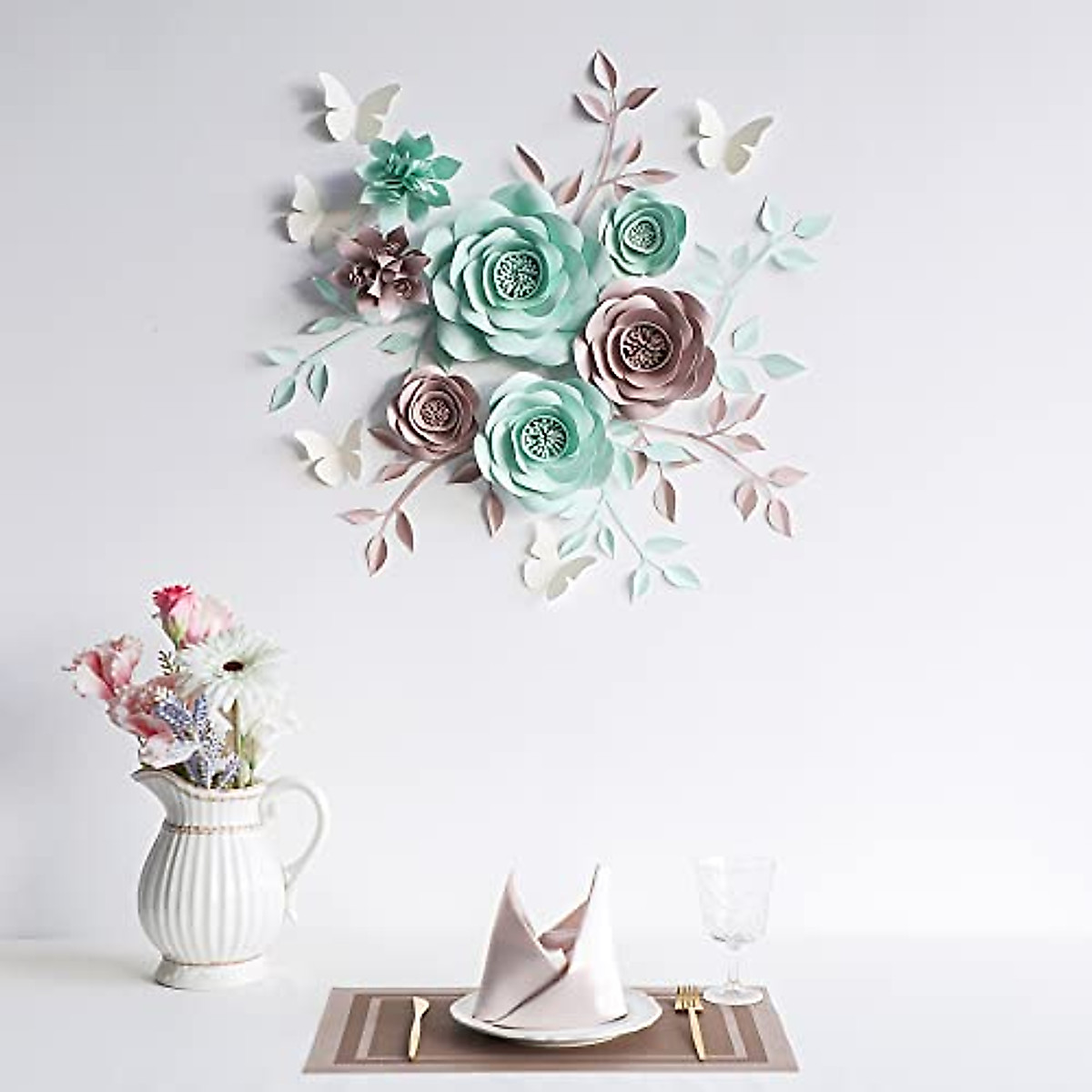 Fonder Mols Large 3D Paper Flowers Decorations for Wall (Mint & Gray, Set of 17), Nursery Decor, Wedding, Party Backrop, Bridal Shower Centerpiece, Monogram, Handmade & Assembled
