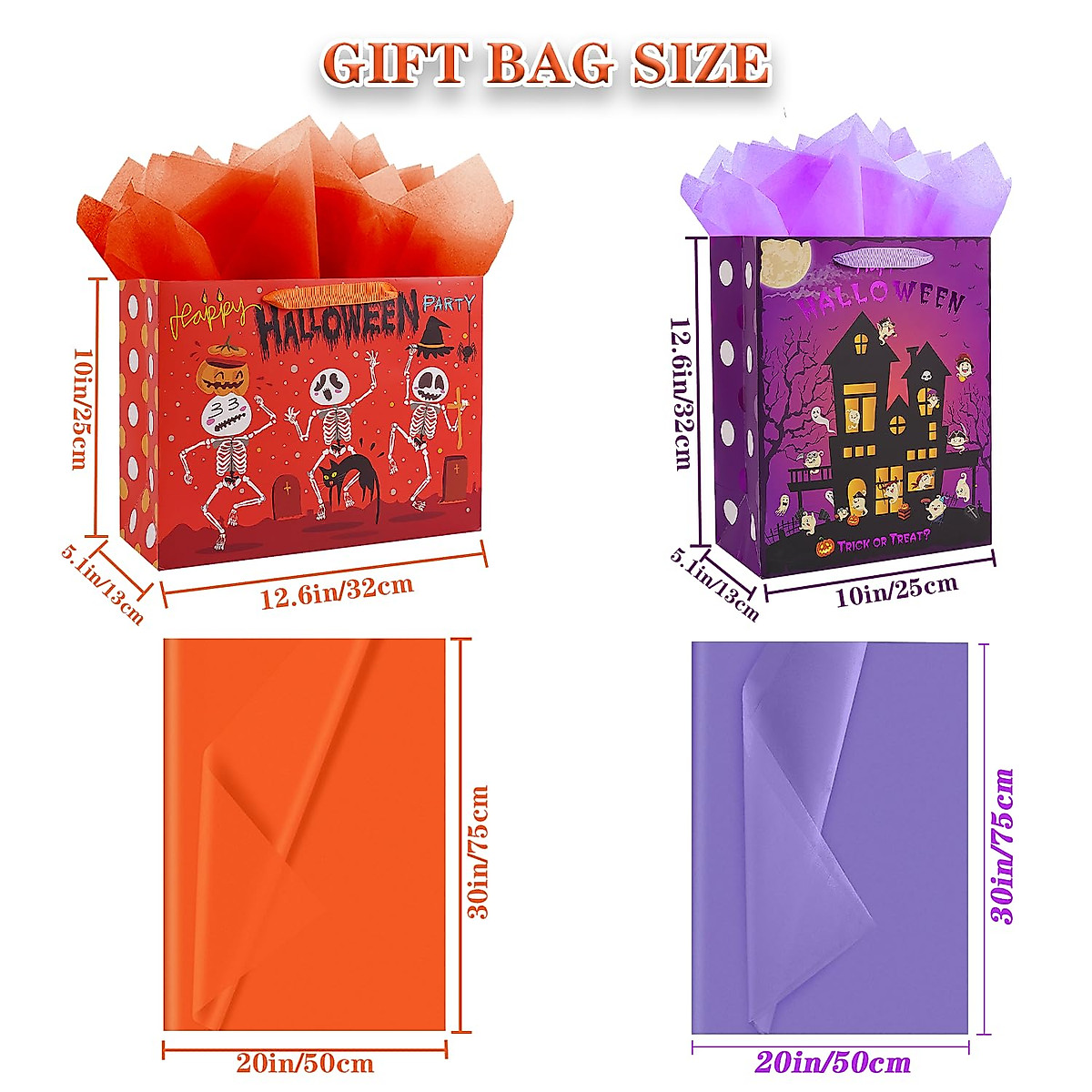 Jaywayang 2Pcs 12.6" Large Happy Halloween Paper Gift Bags with Card and Tissue Paper for Kids Halloween Presents Warpping, Holiday, Trick or Treat Party.