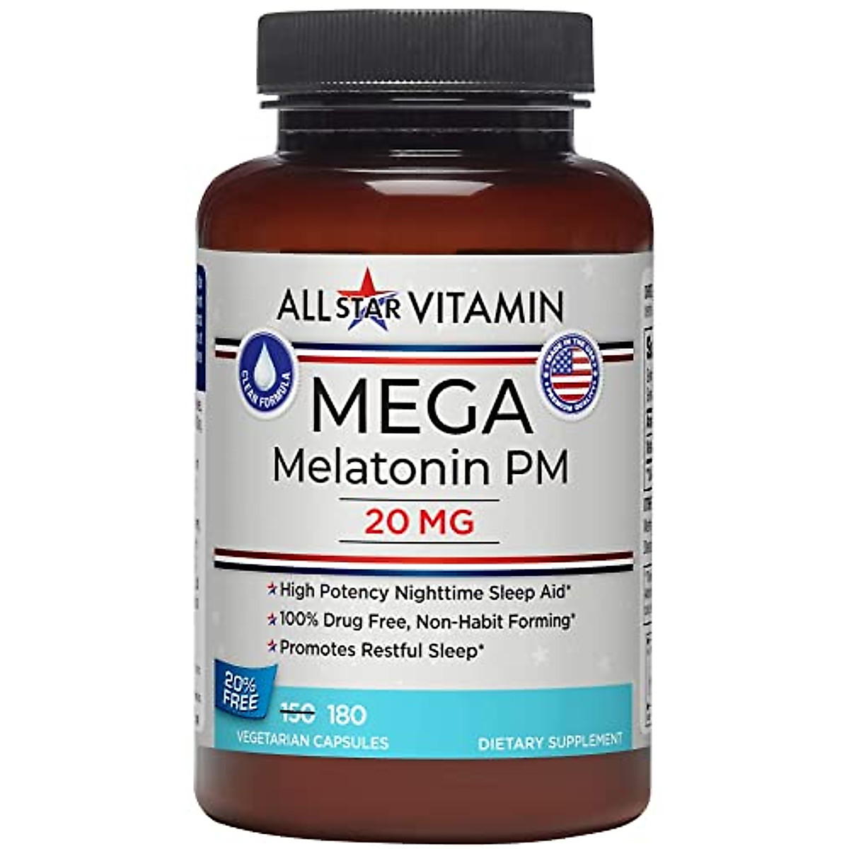 All-Star Vitamin Mega-Melatonin PM 20mg, High Potency, 180 Vegetarian Capsules, Clean-Formulated, Non-GMO, Gluten Free, Vegan, Drug-Free