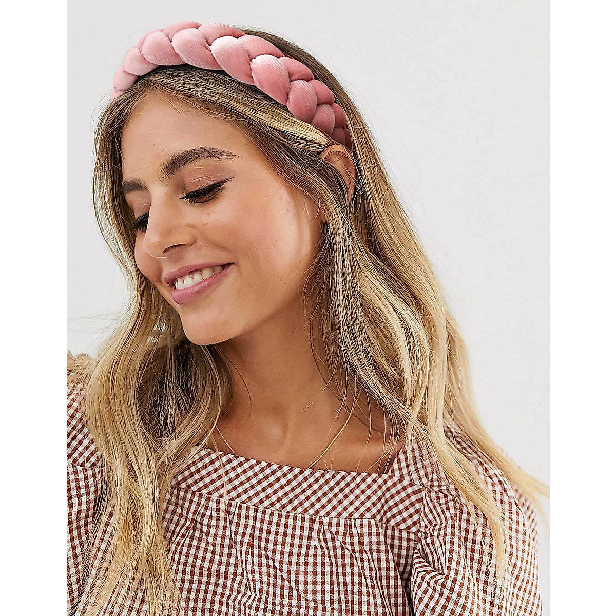 WOVOWOVO Headbands for Women, Non-Slip Soft Solid Thick Wide Solid Color Girls Hair Hoop Velvet Braided Headband's Cute Hair Accessories, Pink