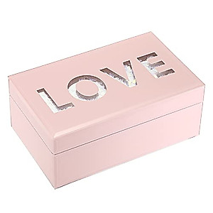 Hipiwe Glass Jewelry Box Trinket Organizer with Hollowed-out LOVE and Sequin Decor,Pink Jewelry Display Box Home Decorative Box Keepsake Gift Box for Women Girls