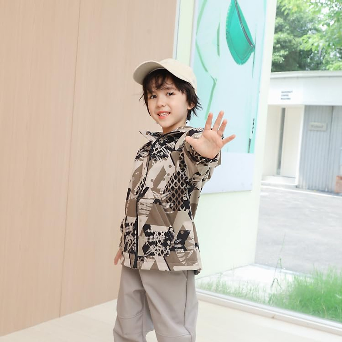 Feidoog Boys Girls Waterproof Outdoor Jackets Lightweight Fleece Lining Hooded Windbreaker Coat Outerwear,Khaki,4-5T