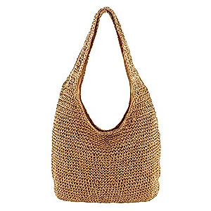 CHIC DIARY Womens Hand-woven Straw Shoulder Bag Large Summer Beach Leather Handles Handbag Tote with Zipper (#01-Khaki)