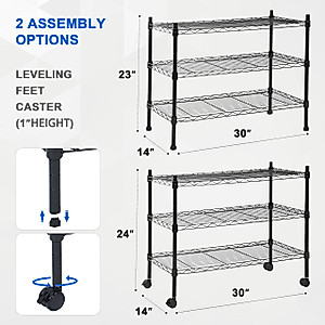HealSmart Heavy Duty 3-Tier Shelving Units Adjustable, Wire Shelf with 750 lbs Capacity (250 per Shelf), 30" D x 14" W x 24 "H, Black, 3 Levels, Storage Shelf with Wheels & Leveling Feet
