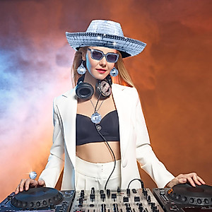 Tongnian Disco Ball Cowboy Hat, 1970s Disco Accessories Set Silver Cowgirl Hat with Disco Ball Necklace, Earrings, Ring and Sunglasses for Women Party