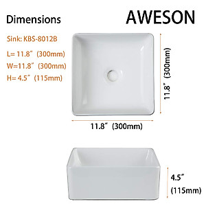 AWESON Square Vessel Sink 11.8 inch x 11.8 inch, Above Counter Vessel Sink, Small Bathroom Sink Square, Ceramic