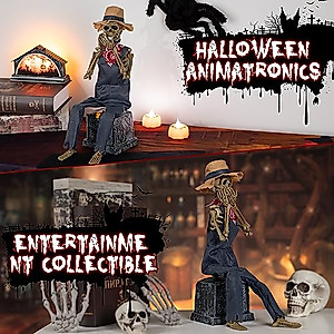 GOLDFENG Halloween Decorations Indoor Lighted Skeleton, Play Music Harmonica Cowboy Player Funny Skeleton Tabletop Collectible Figurines 12.5" H