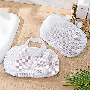 LEACIEN 6Pcs Bra Washing Laundry Mesh Bras Laundry Bag with Handle and Zipper Underwear Bag for Washing Machine (3 White Blue+3 White Grey)