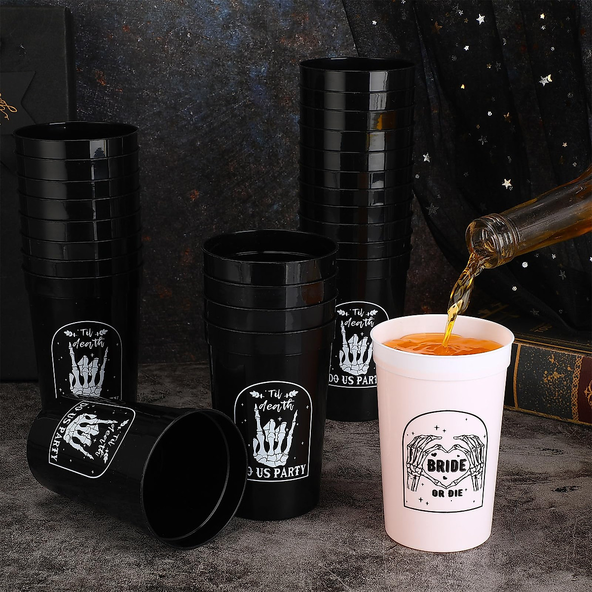 Zhehao 25 Pcs Bride or Die Bachelorette Party Themed Black White Cups 16 oz Skull Till Death Do Us Plastic Cup Reusable Bride Cups for Gothic Bridesmaid Bridal Shower Wedding Decorations Favors