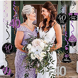 40th Birthday Decorations Women Purple Silver Black/40 Birthday Party Decorations Purple Silver Black Foil Hanging Swirls with Balloons Banner for Women 40th Birthday Party Supplies
