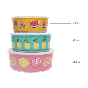 KOLORAE Melamine Graphic Bowl w/Lid Set of 3 Storage Containers Food Storage Meal Prep Dishwasher Safe