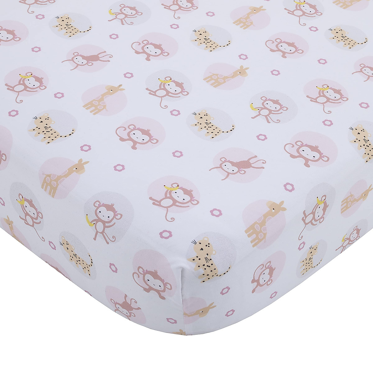 NoJo Little Love Sweet Jungle Friends Pink, White and Tan, Monkey, Cheetah and Giraffe Super Soft Fitted Crib Sheet