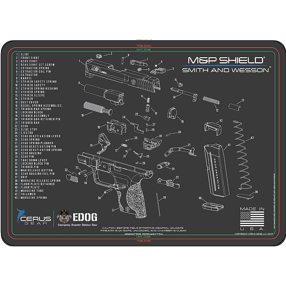 EDOG USA Compatible for Smith & Wesso M&P Shield - 5 PC Schematic (Exploded View) Pistol Cleaning Padded Gun-Work Surface Protector Mat Solvent & Oil Resistant & 3 PC Cleaning Essentials & Clenzoil