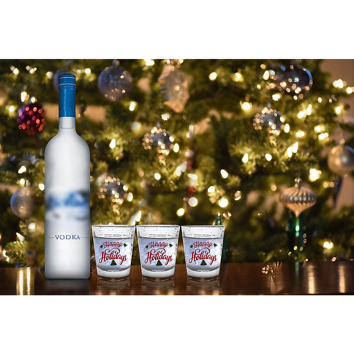 Bisyata christmas Shot Glass Gift Set -Happy Holidays- Glasses Drinkware or Votive Candle Holder for Thanksgiving or christmas Table Decoration - 2oz Set of 6 - With Gift Box