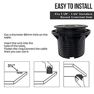 Round Desktop Conference Room Power Grommet Outlet, FITS 3 1/8" - 3 1/4" 2 (TR) AC Outlets, 2 USB Charging Ports, 1 CAT 6, 1 HDMI, ETL Listed (DC-8689-Black)