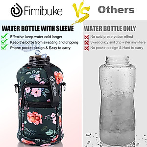 Fimibuke Half Gallon Water Bottle with Sleeve 64 OZ Water Bottle with Handle & Straw Leakproof Motivational Sport Gym Water Bottle with Time Marker BPA Free Water Jug with Neoprene Holder - Retro Rose