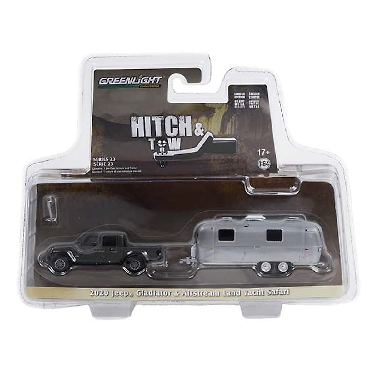 Greenlight 32230-B Hitch & Tow Series 23 - 2020 Gladiator in Granite Crystal Metallic with Airstream Double-Axle Land Yacht Safari 1/64 Scale
