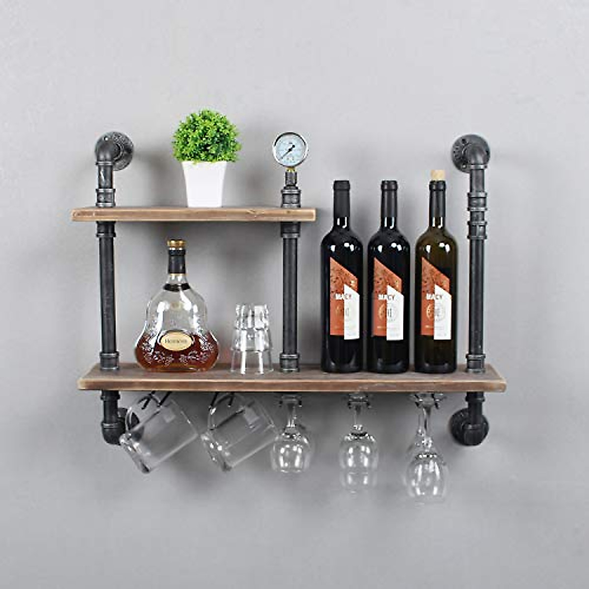 Industrial Wall Mounted Wine Rack,2 Tier Stemware Rack,Wine Bottle Stemware Glass Rack,Mugs Racks,Bottle & Glass Holder,Wine Storage Display Racks,Home & Kitchen Décor(28inch)