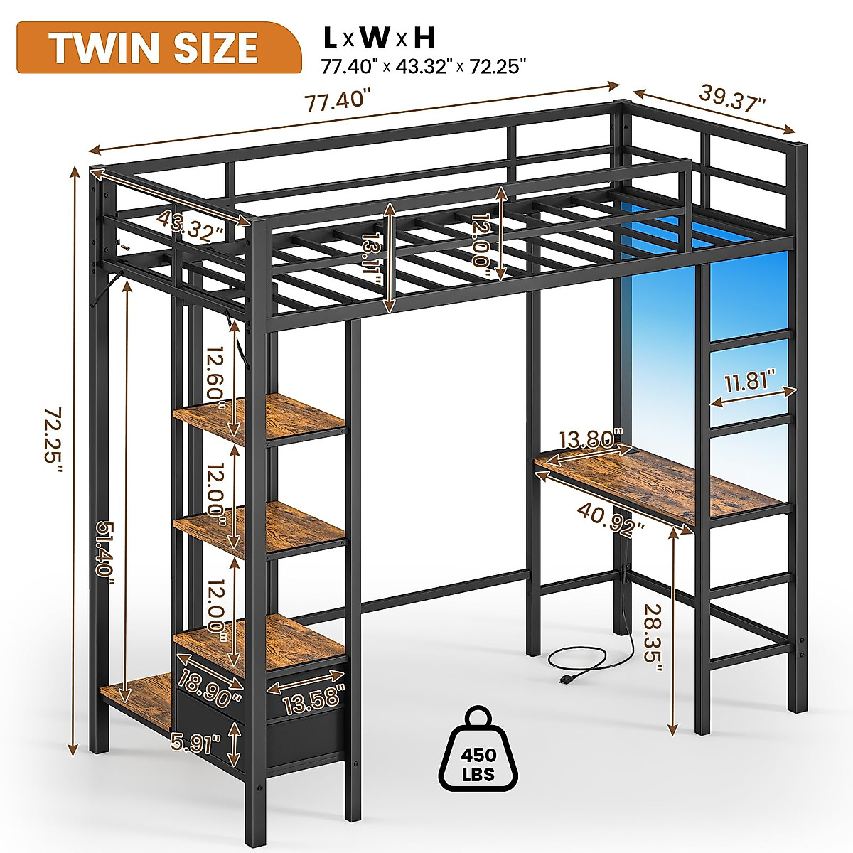 Hasuit Loft Bed Twin Size with Desk and Charging Station Metal Twin Loft Bed with LED Lights, 4 Storage Shelves and 2 Fabric Drawers, Twin Size Loft Bed with Safety Guard, Clothes Rail & Ladder, Black