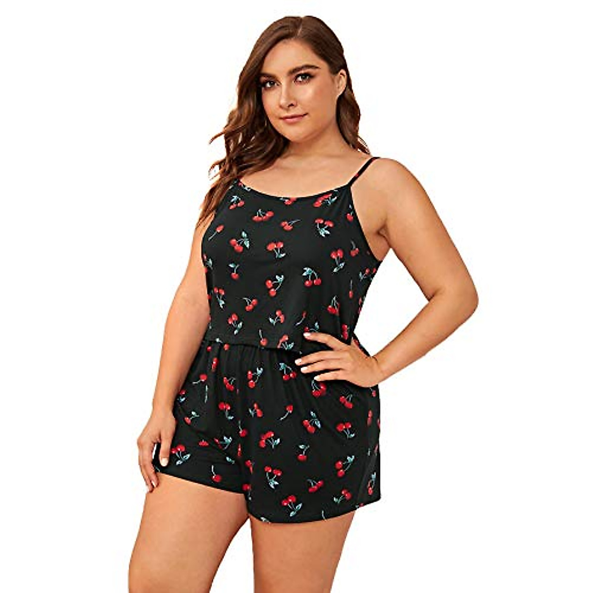 Floerns Women's Plus Size Cherry Print Cami Top and Shorts Pajama Sets A-Black 2XL