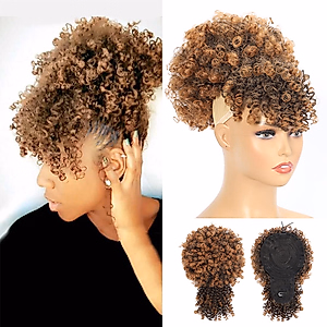 Fayasu Afro Puff Drawstring Ponytail with Kinky Curly Hair Clip in Bangs Short Ponytail Extension Black Girl Updo Hairpieces for Black Women (T30)
