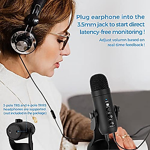 PtevSoh Professional Cardioid Condenser Microphone, Plug and Play, One-Key Mute, Real-time Monitor, Gain Adjustment, Noise Reduction, Compatible with PC, Mac, PS4/5.