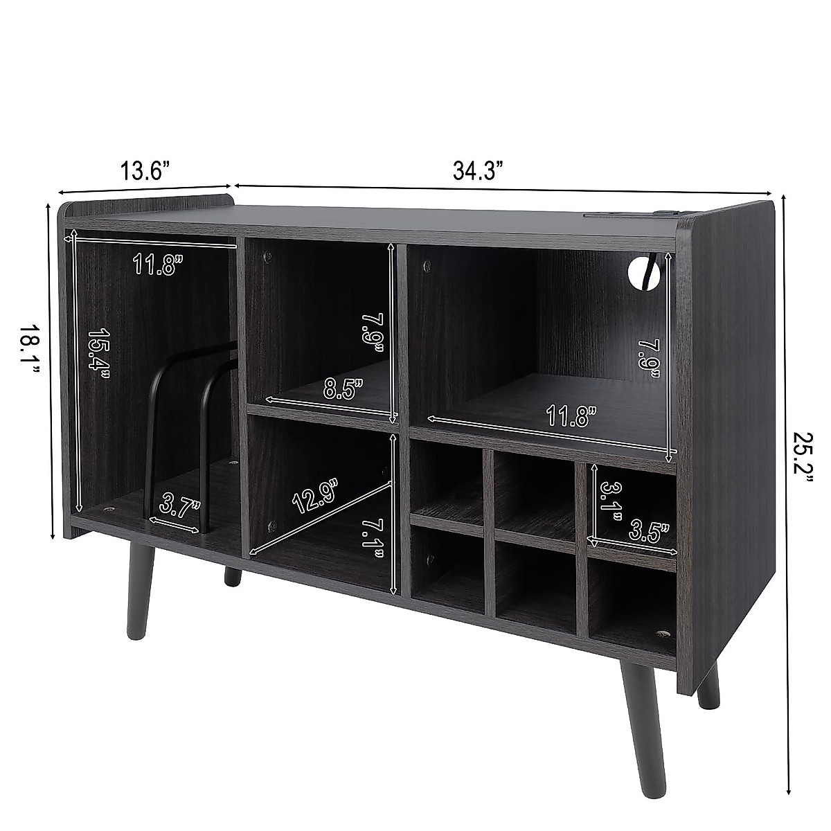 INFANZIA Vinyl Record Player Stand, Large Wooden Turntable Stand Holds Up to 200 Albums, Mid-Century Record Storage with Power Outlets, Record Organizer Cabinet for Living Room, Bedroom, Office