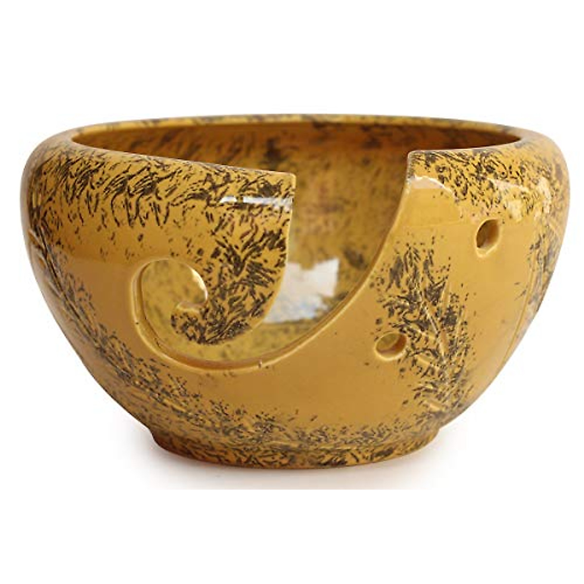 abhandicrafts Make Mom Feel Special on Mother's Day - 6 Inch Yellow Green Ceramic Brown Yarn Bowl for Knitting, Crochet for Moms Antique Hand Carved Leaf by Indian Artistians
